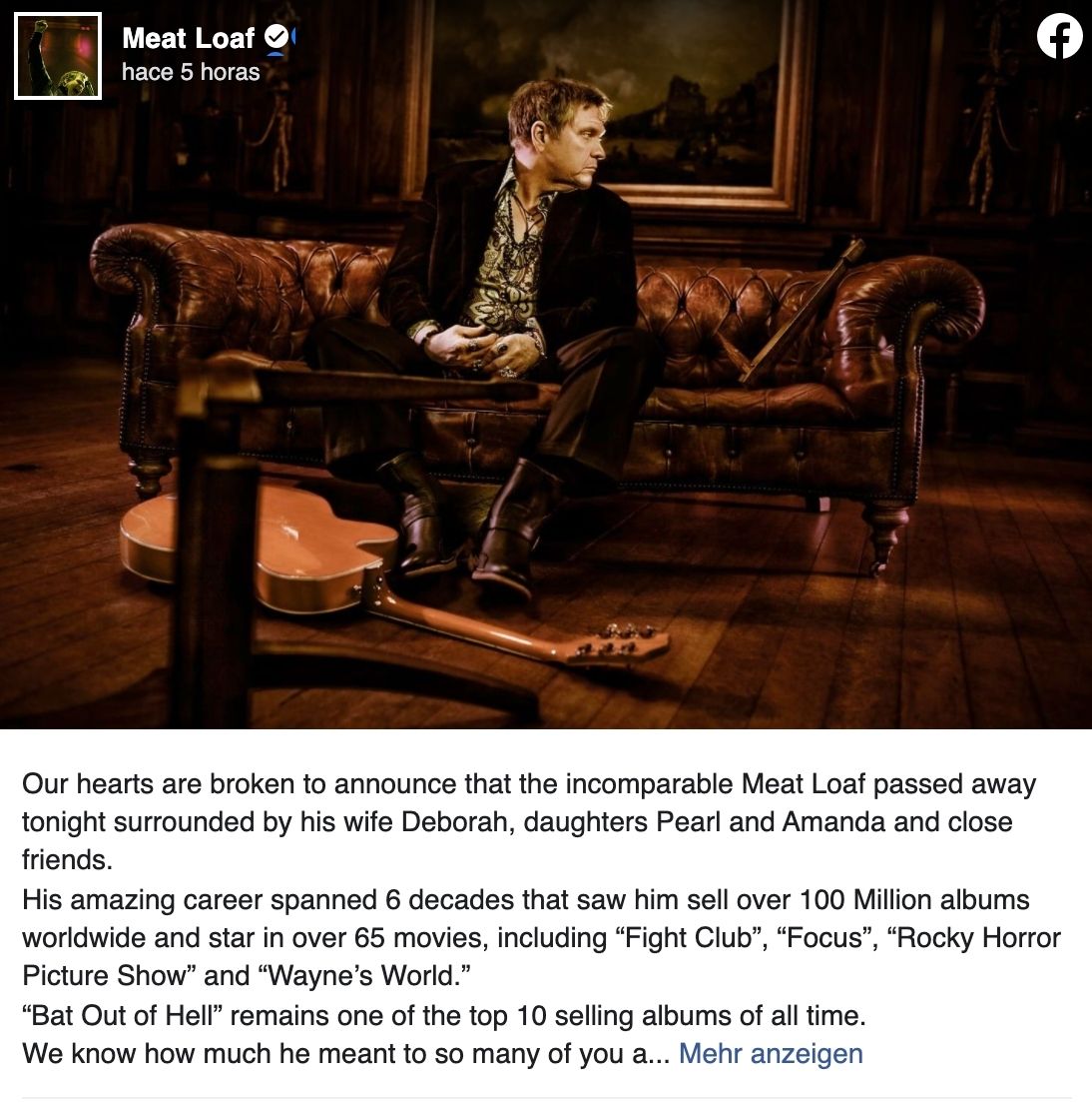 Meat Loaf, legendario cantante de 'Bat Out Of Hell', muere a los 74 ...